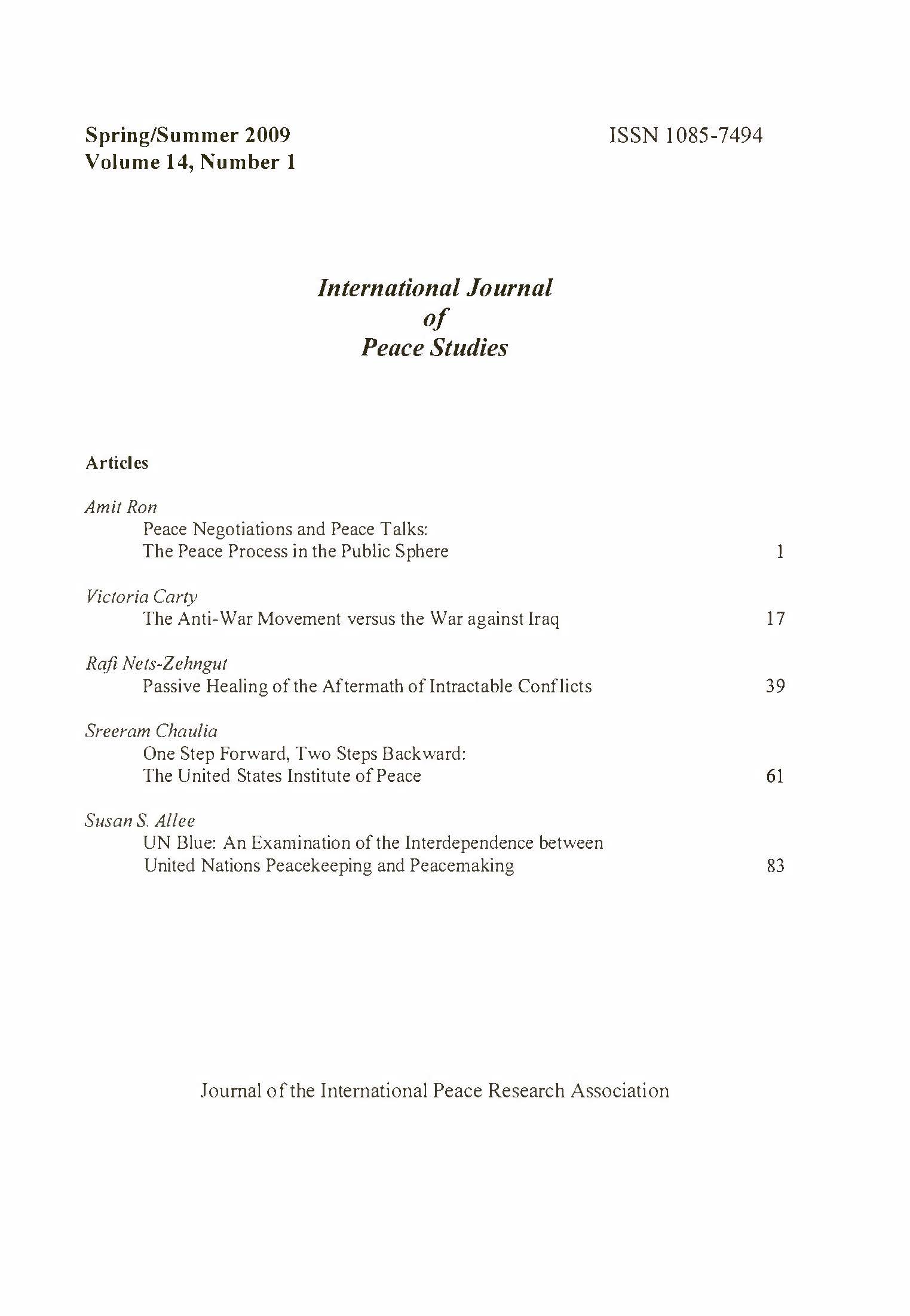Vol. 14 No. 1 (2009): International Journal of Peace Studies ...