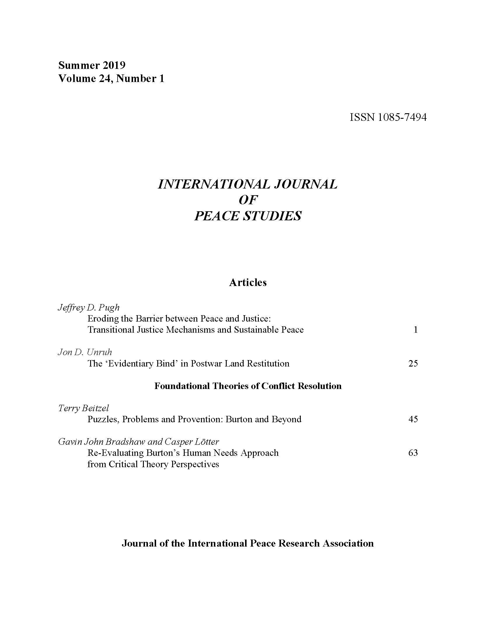 Vol. 24 No. 1 (2019): International Journal of Peace Studies ...