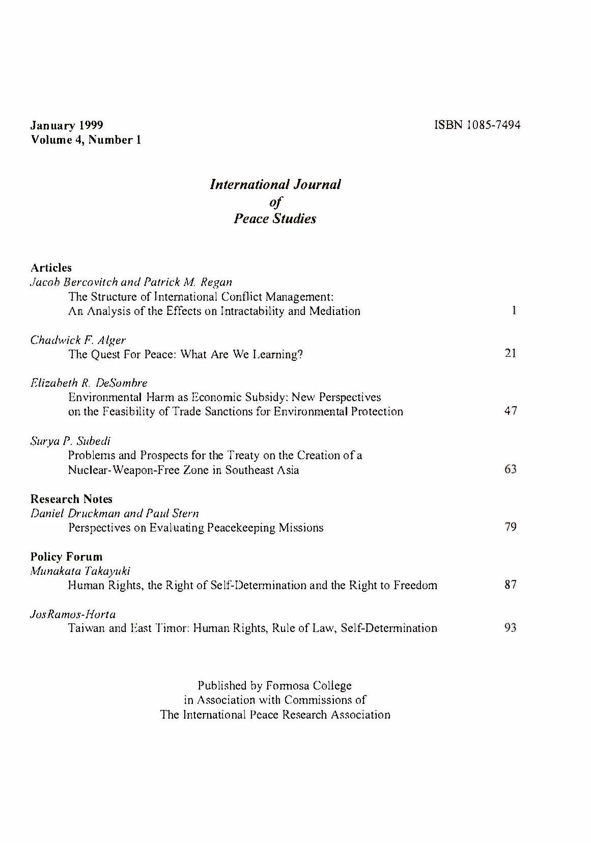 Vol. 4 No. 1 (1999): International Journal of Peace Studies ...