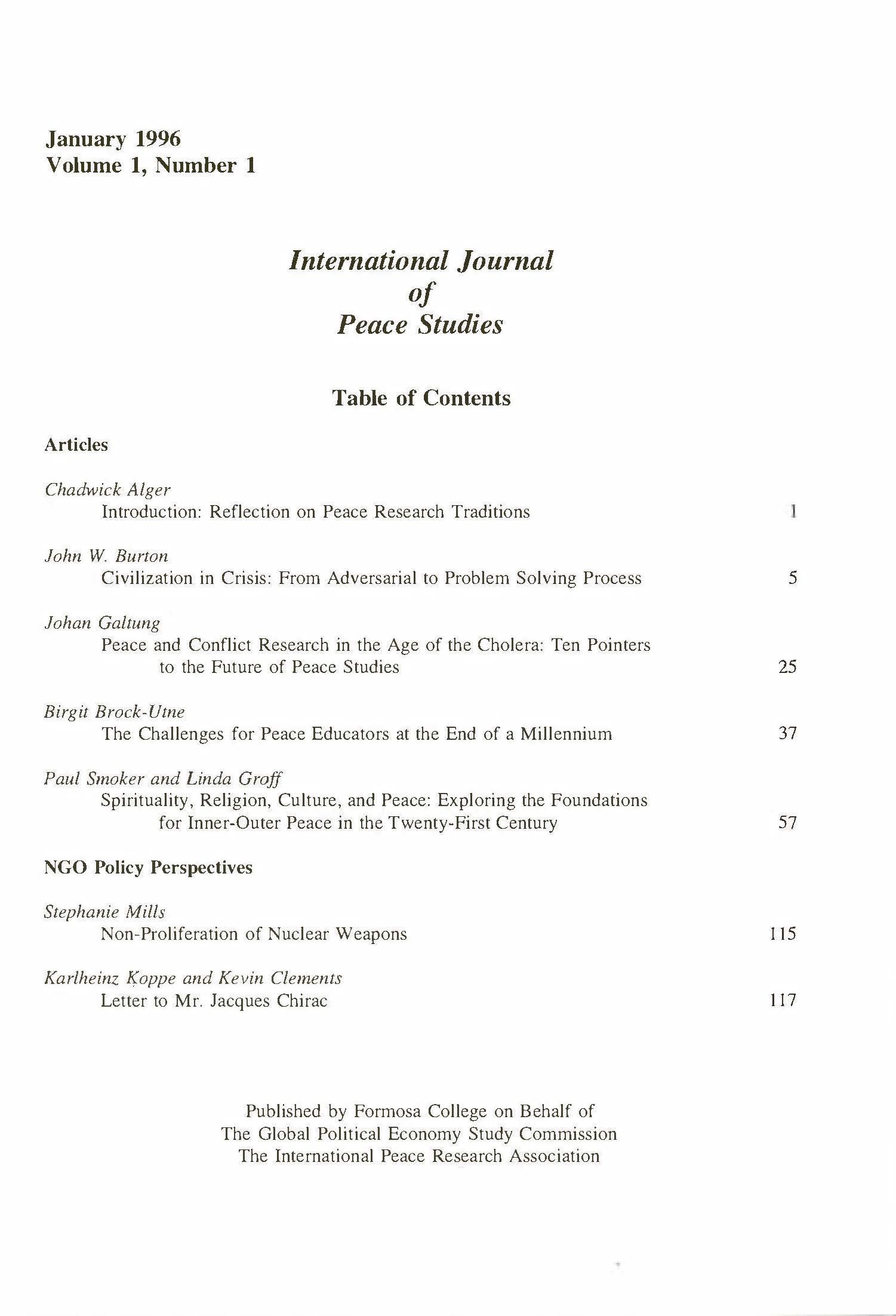 Vol. 1 No. 1 (1996): International Journal of Peace Studies ...